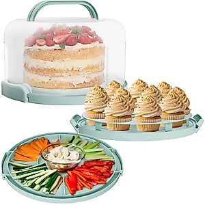 Cake Carrier with Lid and Handle - Multipurpose Cake Stand with Lid for 10” Cake, Pie, Cupcakes - Cake Holder & Lid, Plastic Cake Container, Round Cake Cover for Transport & Storage (Seafoam Green)