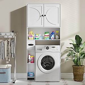 infurnic Over The Toilet Storage Cabinet, Farmhouse Wooden Bathroom Storage Organizer Bathroom Shelf, Freestanding Toilet Storage Rack Space Saver for Bathroom, Restroom, Laundry White