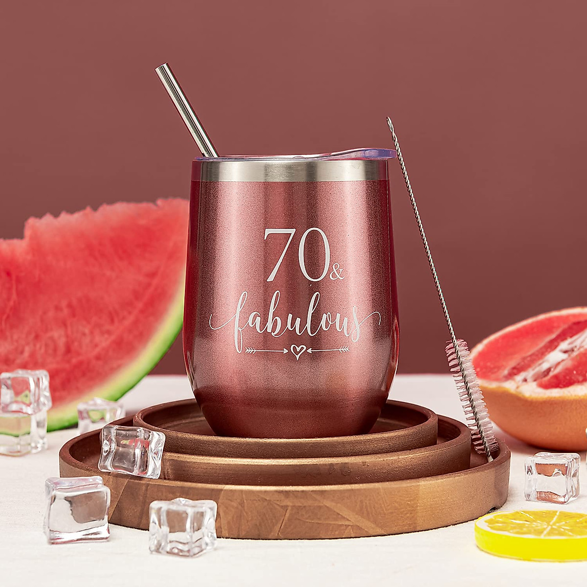 Crisky Rose Gold 70 & Fabulous Wine Tumbler for Women 70th Birthday Gifts for Women, Wife, Mom, Sister, Aunt, Friends, Coworker Her, Vacuum Insulated Coffee Cup,12oz with Box, Lid, Straw