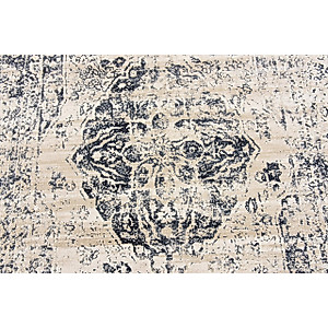 Unique Loom Chateau Collection High-Low Pile, Vintage, Traditional, Distressed, Medallion Area Rug (5' 0 x 8' 0 Rectangular, Beige/Navy Blue)