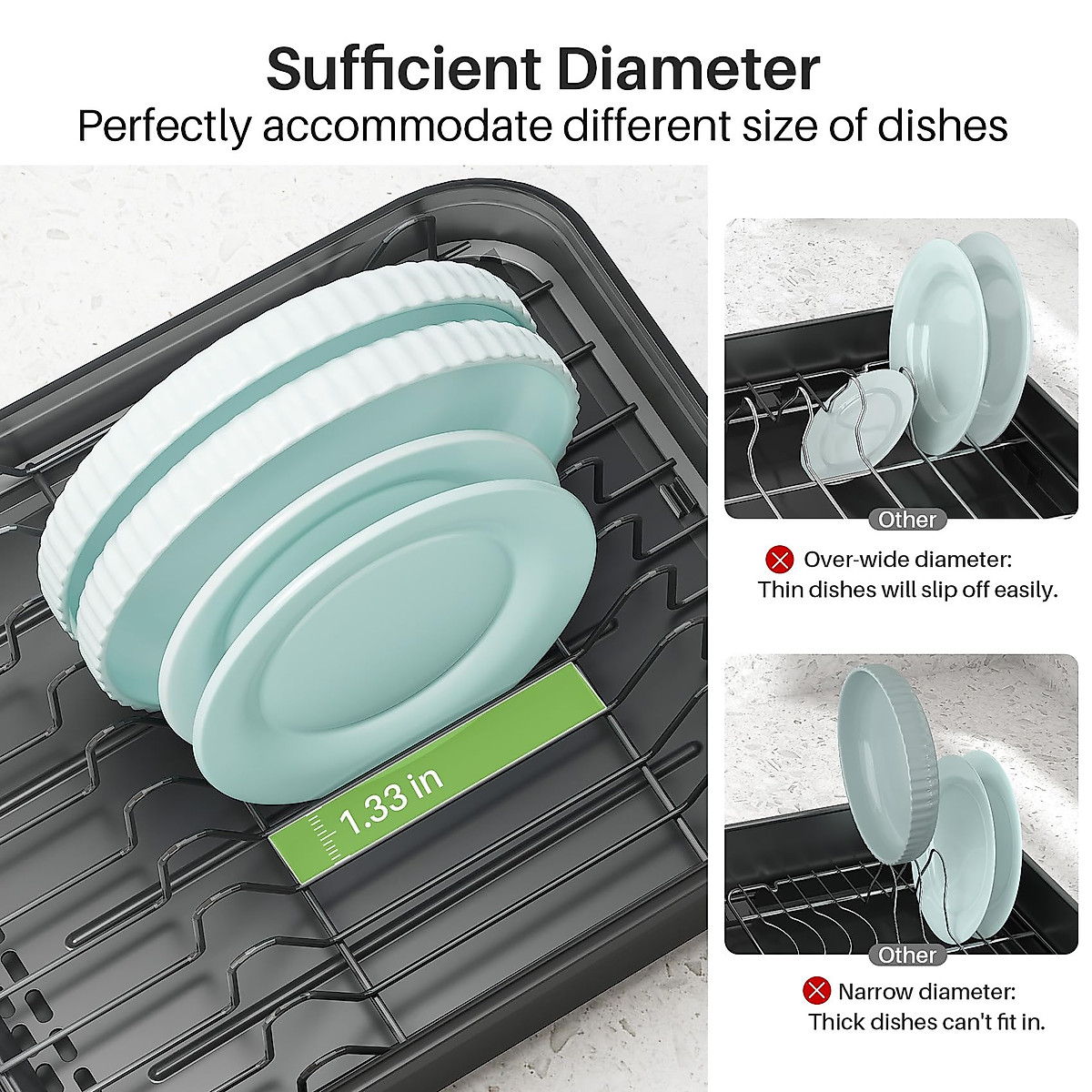 Dish Drying Rack - Extendable Dish Rack for Kitchen Counter, Saving Countertop Space Dish Drainer, Stainless Steel Kitchen Drying Rack with Cutlery Holder, 22.1''L x 12.8''W (Black)