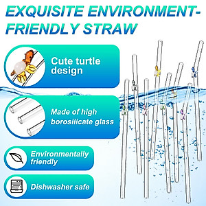 8 Pcs Reusable Glass Straws Shatter Resistant Straws with Design Colorful Cute 8'' Bend Drinking Glass Straws for Cocktail with 2 Cleaning Brushes (Turtle)