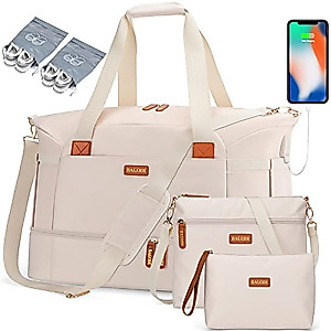 BAGODI Gym Bag for Women, Weekender Overnight Bag with USB Charging Port, Sport Travel Duffel Bag with Wet Pocket & Shoe Compartment, Carry on Tote Bag for Travel/Gym/School 5 Pcs Set, creamy-white