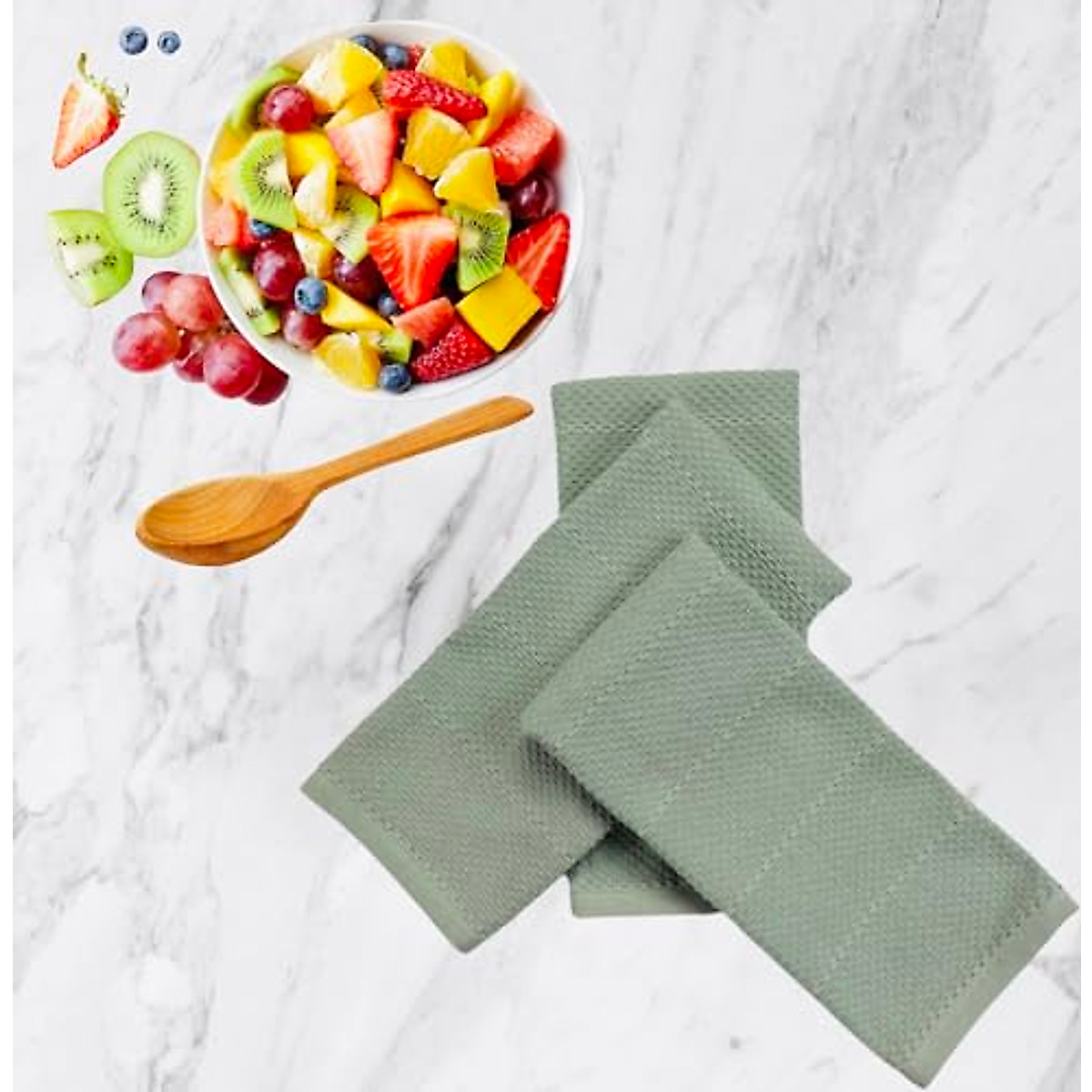 Sage Green Kitchen Dish Towels: 100% Cotton Cloth Soft Cleaning Drying Absorbent Textured Terry Loop, Set of 3 Multipurpose for Everyday Use