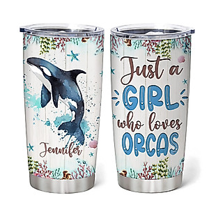 Hyturtle Personalized Gifts For Orca Lover - Just A Girl Who Loves Orcas Custom Name Stainless Steel Tumbler 20oz With Lid - Idea Ocean Animal Lover Gifts For Women Girl On Birthday, Christmas