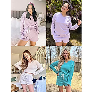 MEROKEETY Women's Long Sleeve Pajama Set Henley Knit Tops and Shorts Sleepwear Loungewear, Beige, L