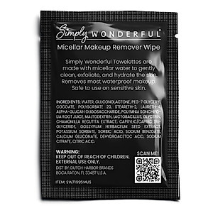 Simply Wonderful 100 Count Biodegradable Makeup Remover Wipes, Micellar Water, Plant-Based, Individually Wrapped, 5" x 7"