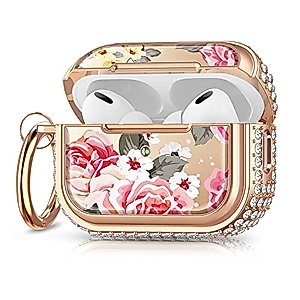 V-MORO for Airpods Pro 2nd Generation Case, Glitter Full Protective Apple Airpod pro 2 Case Cover with Kaychain for Women, Flower Diamond iPod Pro 2022 Wireless Charging Case Girls-Pink Rose
