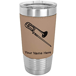 LaserGram 20oz Vacuum Insulated Tumbler Mug, Trombone, Personalized Engraving Included (Faux Leather, Light Brown)