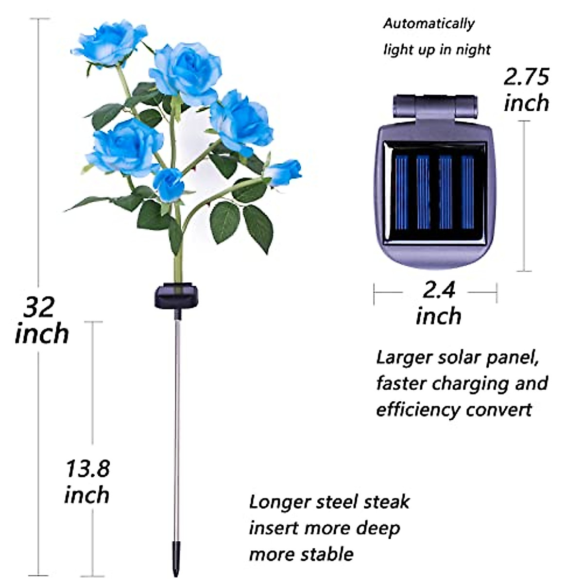 Vanful Solar Outdoor Lights with 6 Charming Roses, LED Roses Light with Bigger Solar Panel,Outdoor Solar Lights for Yard, Pathway, Patio, Garden Decoration(Blue)