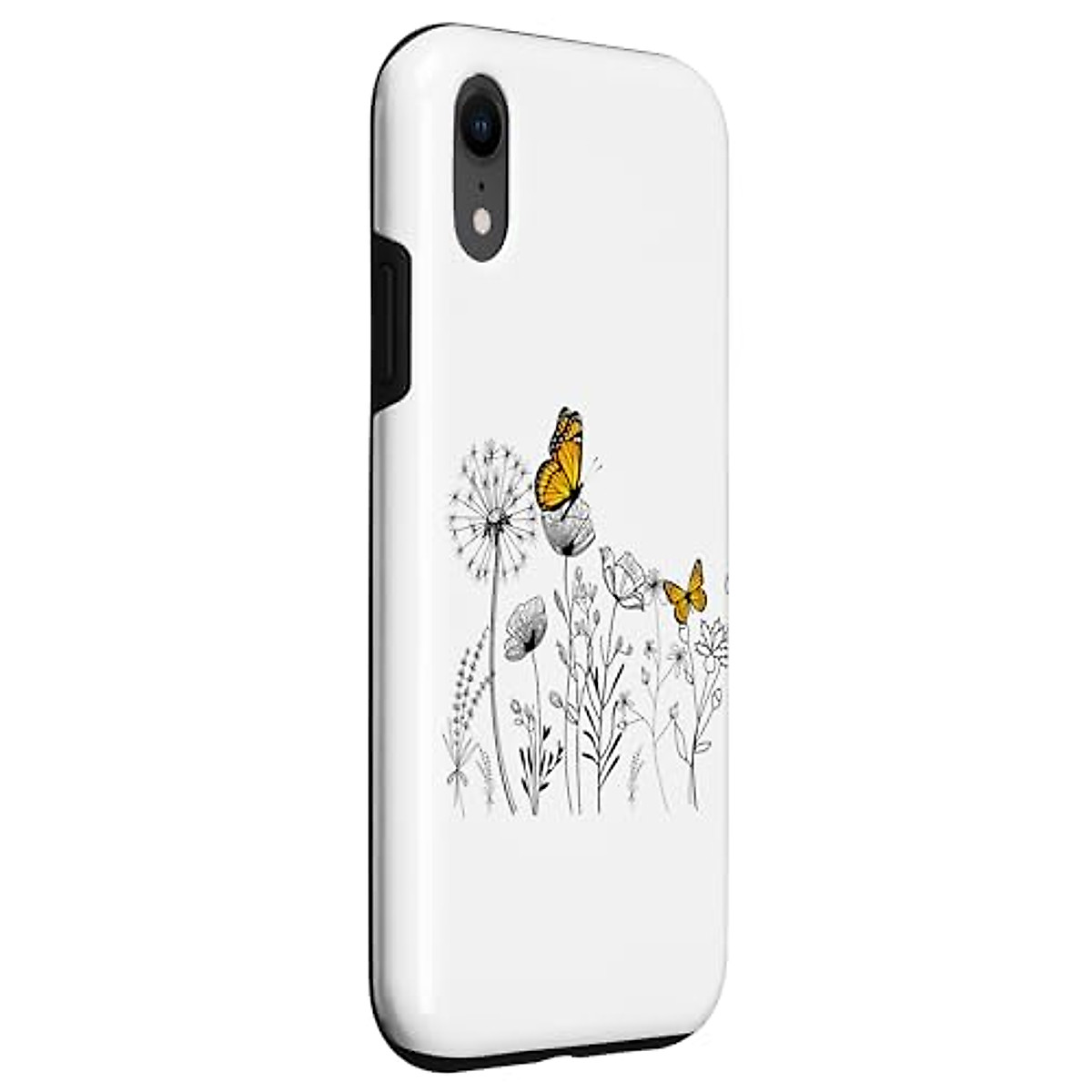 iPhone XR Retro Sketch of Botanical Wildflowers & Yellow Butterflies Case