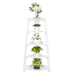 5 Tier Rustic Corner Shelf Stand, Industrial Small Bookcase Corner Ladder Shelf Plant Stand for Living Room, Kitchen, Home Office (White)