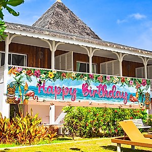 Hawaiian Luau Birthday Party Decoration Banner, Aloha Tropical Flamingo Birthday Party Supplies Yard Sign, Luau Party Birthday Party Background for Indoor Outdoor Decoration (Rose Red)