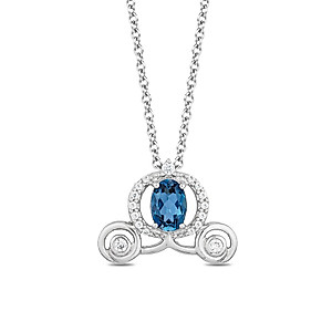 Jewelili Disney Princess Cinderella Inspired Carriage Pendant Necklace for Women with 1/10 CTTW Diamond and London Blue Topaz in Sterling Silver Enchanted Disney Fine Jewelry