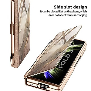 Breclar for Samsung Galaxy Z Fold 5 Case with [Fold5 Edition S-Pen Pocket] Colorful Plating Glass Crystal Hybrid Leather Built-in HD Screen Protector All-Inclusive Case for Z Fold 5 (Champagne Gold)