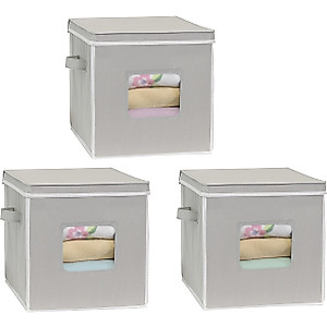 Simple Houseware 3-Pack 12-Inch Cubic Storage Basket w/Lid, Window and Side Handles, Grey