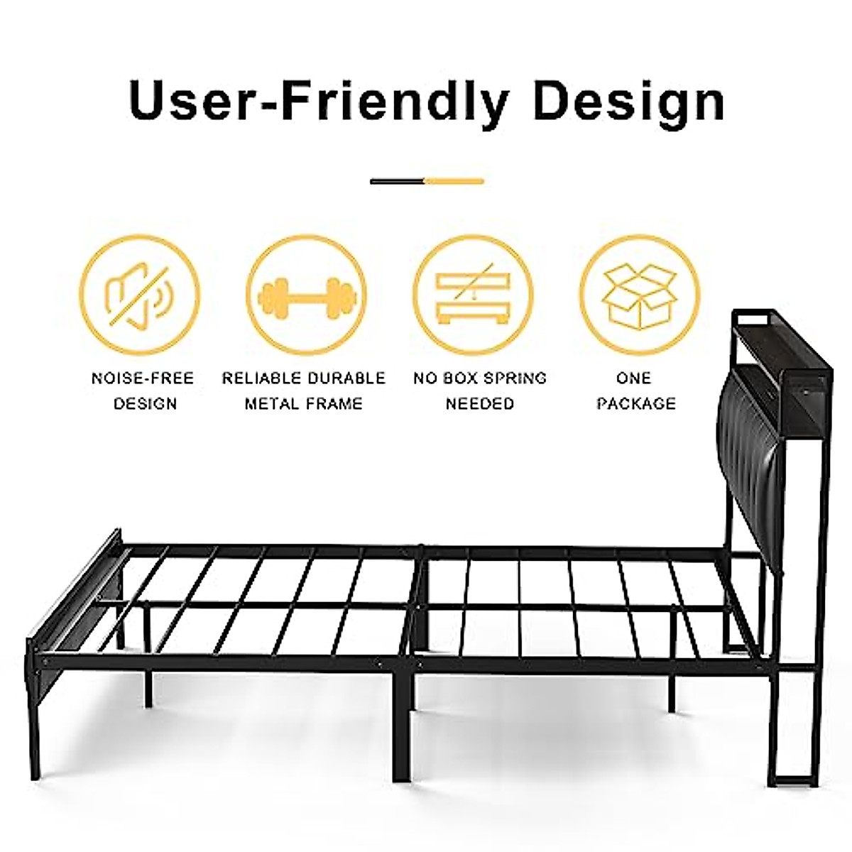 HAUSOURCE Full Bed Frame with Storage Headboard & Footboard Upholstered Platform Bed with LED Lights USB Ports & Outlets No Box Spring Needed