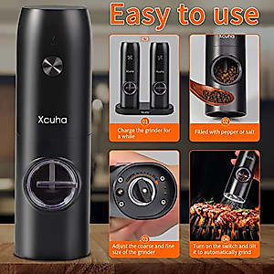 Rechargeable Automatic Salt and Pepper Grinder Set: Rechargeable Base Adjustable Coarseness Refillable Large Capacity One Hand Operated White LED Light Black Electric Spice Peppercorn Mill Shakers