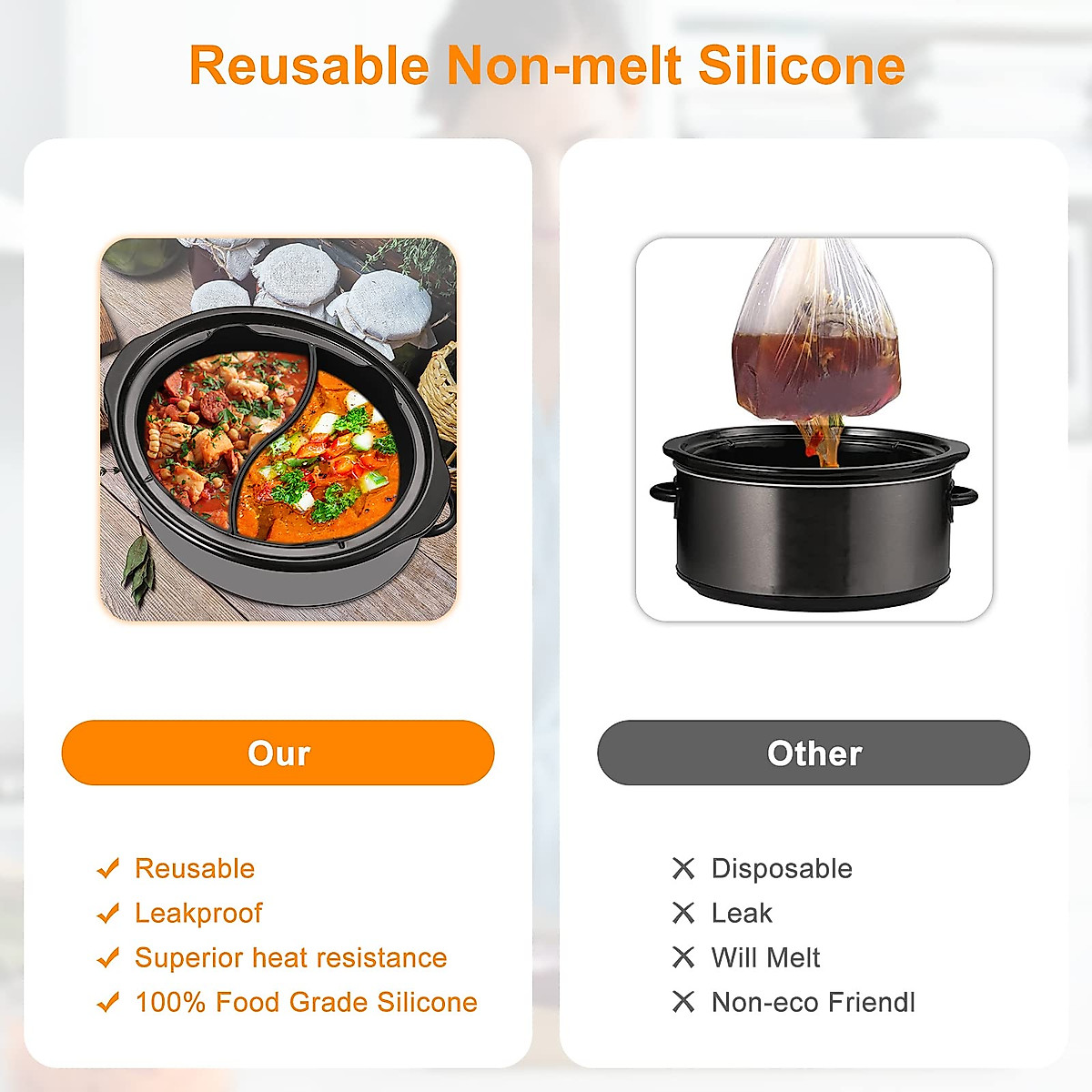 Slow Cooker Divider Liner Fit for 6 QT Pot, Silicone Crock Pot Cooking Liners Insert, Heat Resistant Reusable Slow Cooker Crock Pot Divider Insert, Leakproof & Dishwasher Safe(Black)