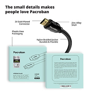 Pacroban eARC HDMI Cable 10FT Cable for Soundbars [Premium Certified Ultra High Speed] HDMI 2.1 Cord, 48Gbps, 4K 120Hz, 8K 60Hz | Dolby Atmos Audio, Dynamic HDR, HDCP, Dolby Vision, Ethernet