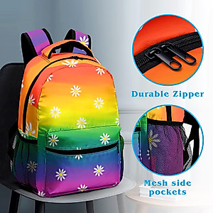 Dacawin Girls Backpack Rainbow Colorful Elementary School Backpacks Cute Daisy Flower Durable Bookbags Lightweight Travel Schoolbag for Kids Boys Teens