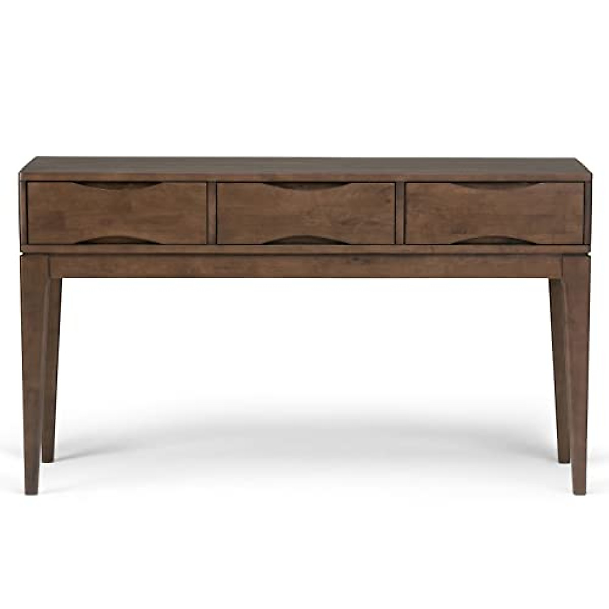 SIMPLIHOME Harper SOLID WOOD 54 inch Wide Mid Century Modern Console Sofa Entryway Table in Walnut Brown with Storage, 3 Drawers , for the Living Room, Entryway and Bedroom