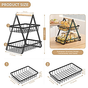 Foensc 2 Tier Fruit Basket, Upgraded Fruit Bowl, Detachable Metal Fruit Holder Vegetable Basket for Kitchen Counter, Large Capacity Fruit Storage Stand Organizer for Produce Bread Snack, Black