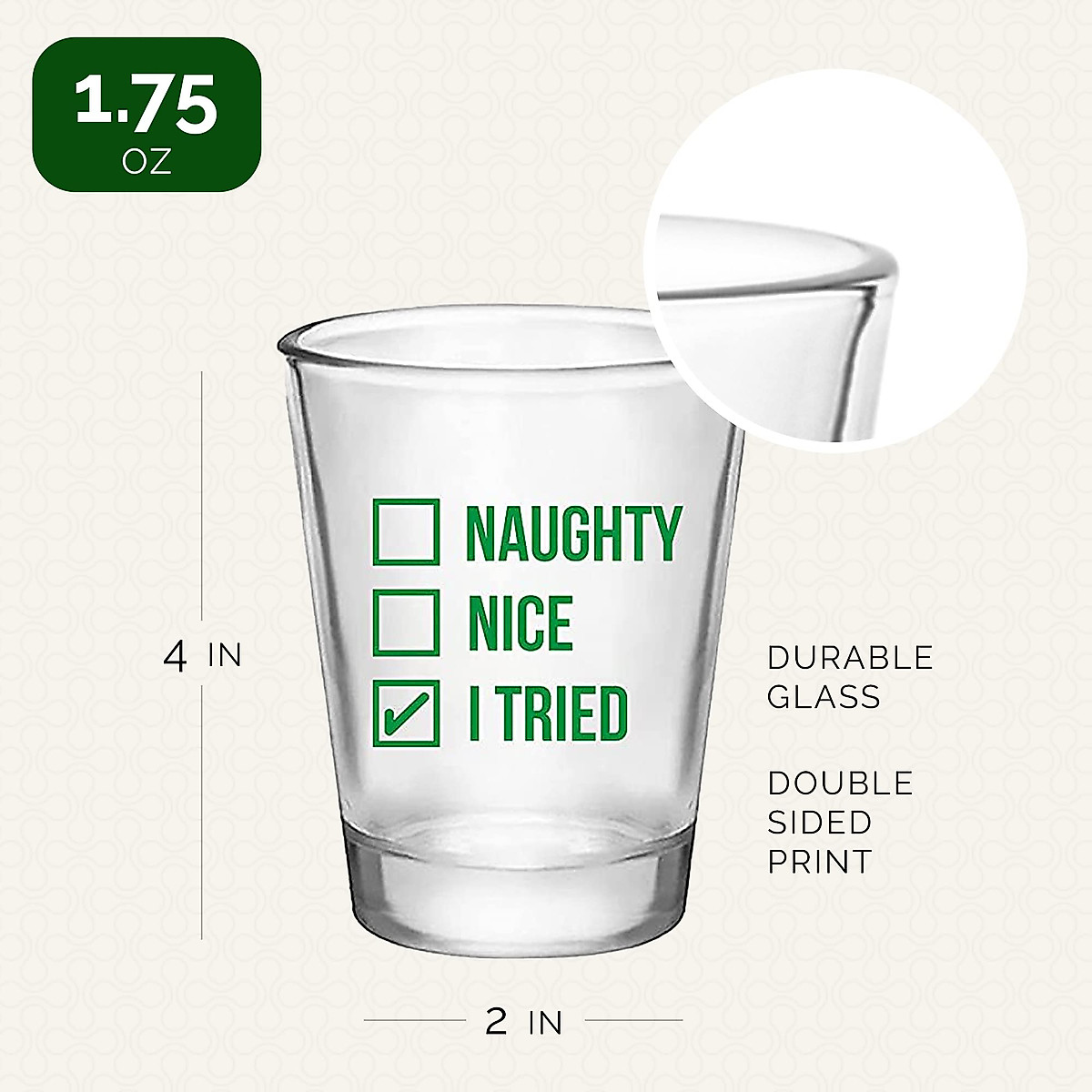 Naughty, Nice, I Tried 6 Red and 6 Green Christmas Shot Glasses - Set of 12 Glass Party Shot Cups with Double-Sided Prints - Holiday Cocktail Glasses for Drinking Liquor, Tequila, Vodka