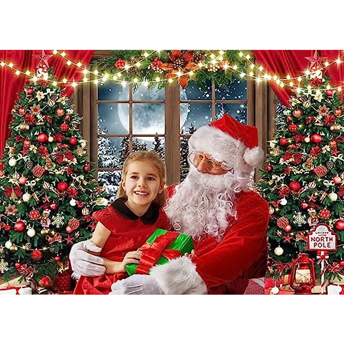 CYLYH 7x5ft Christmas Backdrop Xmas Window Photography Backdrop Winter Dream Wonderland Snow Tree Red Curtain Christmas Festival Party Banner Backdrop