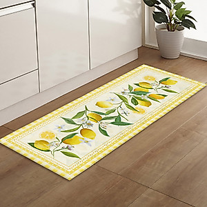 Kitchen Rugs, Lemon Yellow Buffalo Check Summer Watercolor Fruit Plaid Farmhouse Decor Non Slip Runner Rug Mat for Floor, Kitchen, Bedside, Sink, Office, Laundry, 15.7"X47.2"