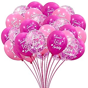 Sweet 16th Birthday Latex Balloons Confetti Balloon Pink and Hot Pink Party Decorations 30 Pack 12 Inch Helium Printed 16 Number With Happy Birthday Balloon for Girl
