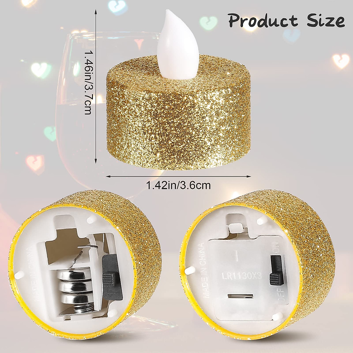Mudder 24 Pieces Gold Tea Lights LED Candles Tealights Flameless Votive Battery Operated Tea Lights Electric Glitter Flickering Tealight for Valentines Holiday, Wedding, Festival Gift, Party Decor