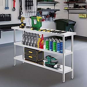 VEVOR Stainless Steel Food Prep Table, 14 x 60 x 34 Inch Commercial Kitchen Worktable, with 2 Adjustable Undershelf, Heavy Duty Prep Table Metal Work Table for BBQ, Kitchen, Home, and Garage