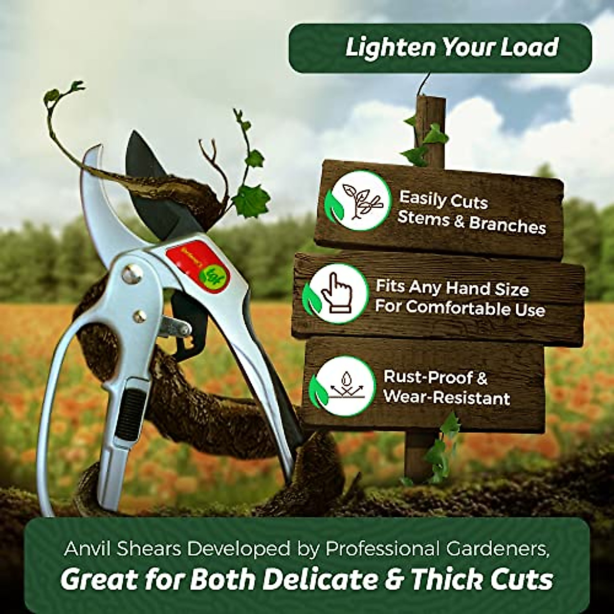Ratchet Pruning Shears Gardening Tool – Anvil Pruner Garden Shears with Assisted Action – Ratchet Pruners for Gardening with Heavy-Duty, Nonstick Steel Blade – Garden Tools by The Gardener's Friend