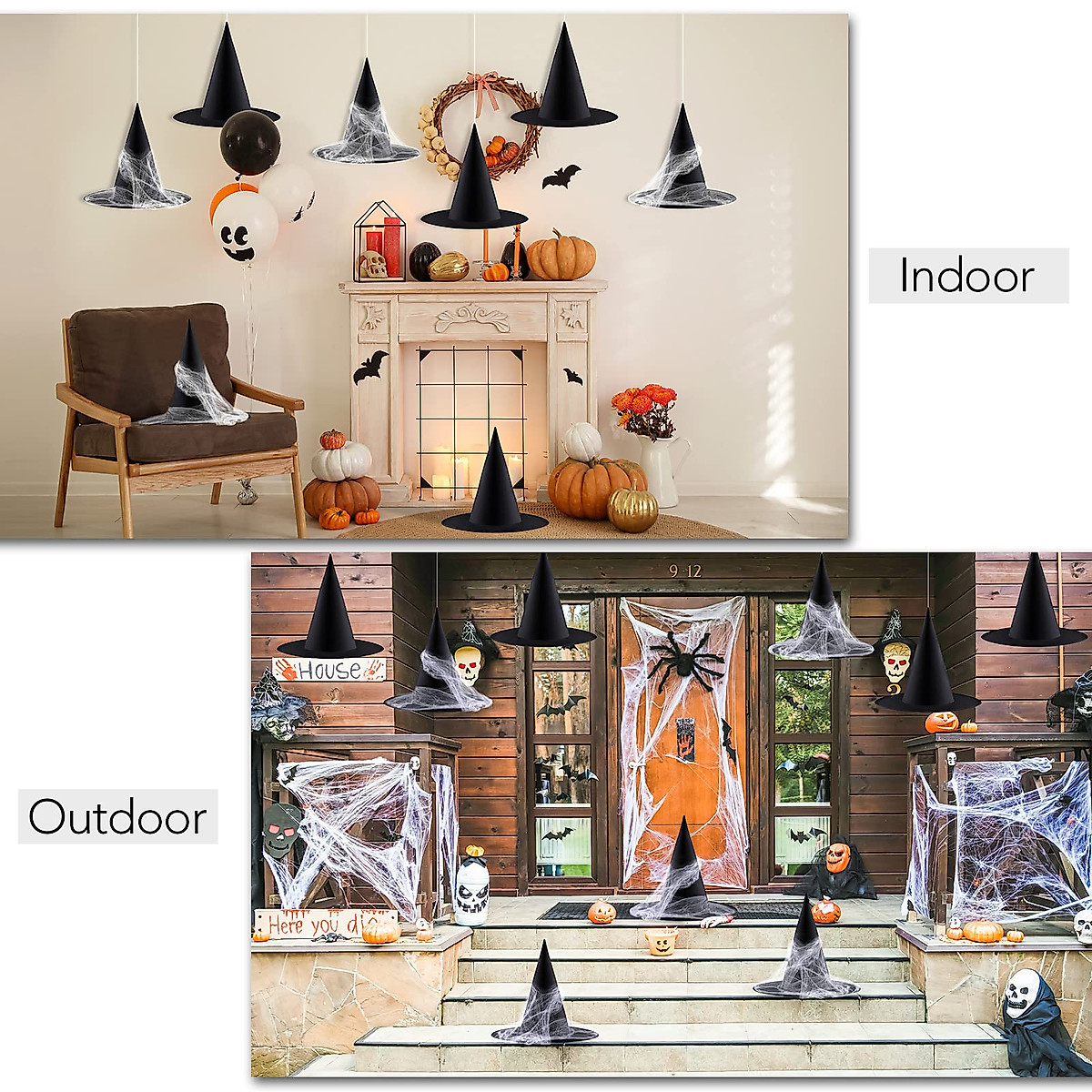 ADXCO 10 Pieces Halloween Black Witch Hat Wizard Hats with 10 Pack Halloween Spider Web Decorations and 109 Yards Hanging Rope for Halloween Party Supplies Halloween Indoor & Outdoor Decorations