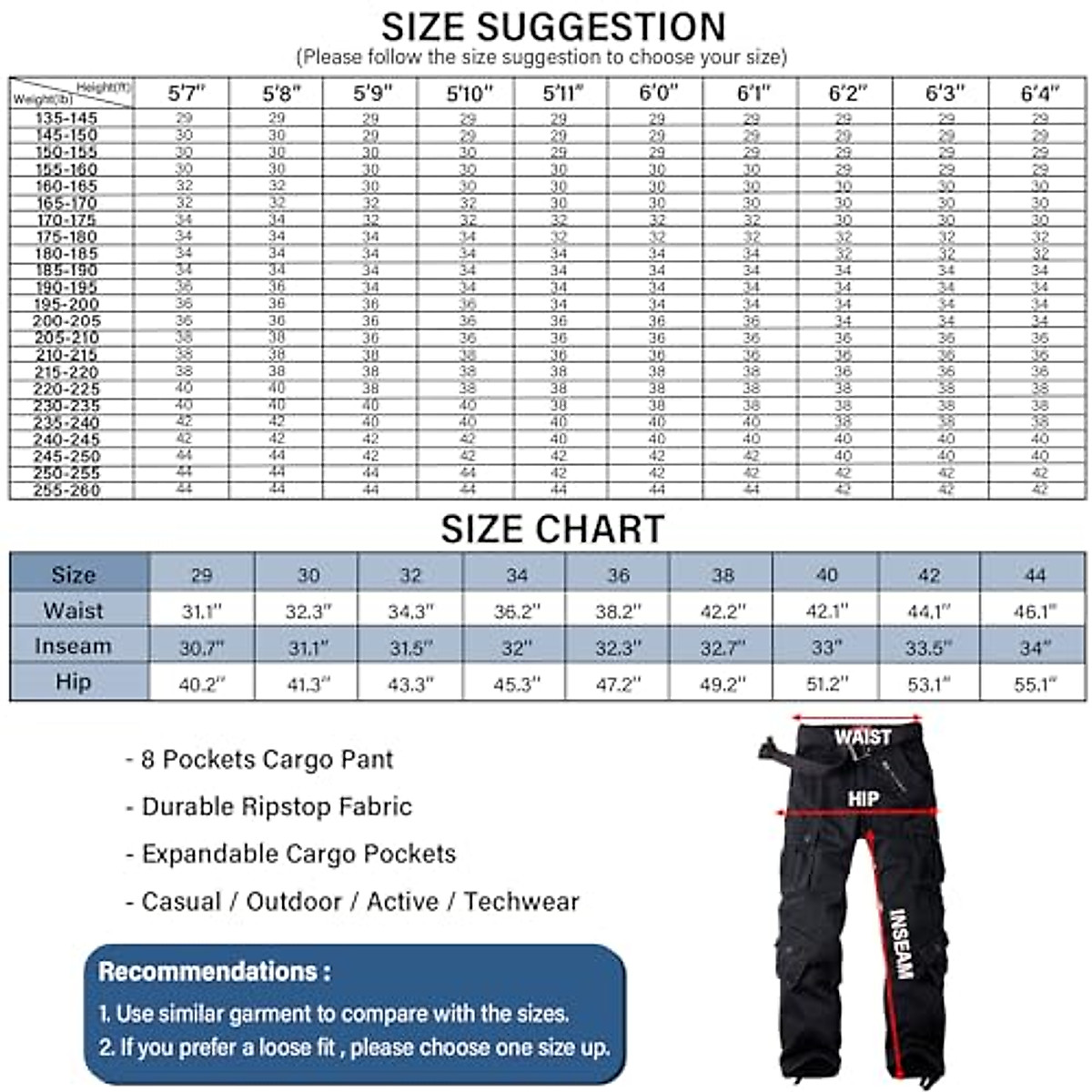 Men's BDU Casual Military Pants, Tactical Wild Army Combat ACU Rip Stop Camo Cargo Work Pants Trousers with 8 Pockets #7533 Black 38