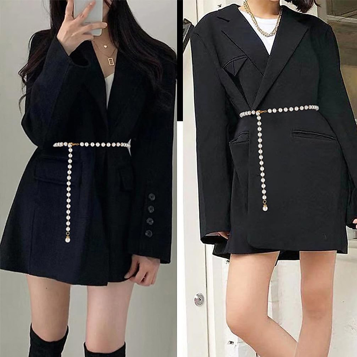 ASVNRES Rhinestone Pearl Elastic Waist Chain Belt, Women Skinny Metal Cinch Belt Gold Waist Belt for Dress Gift for Jeans Dress