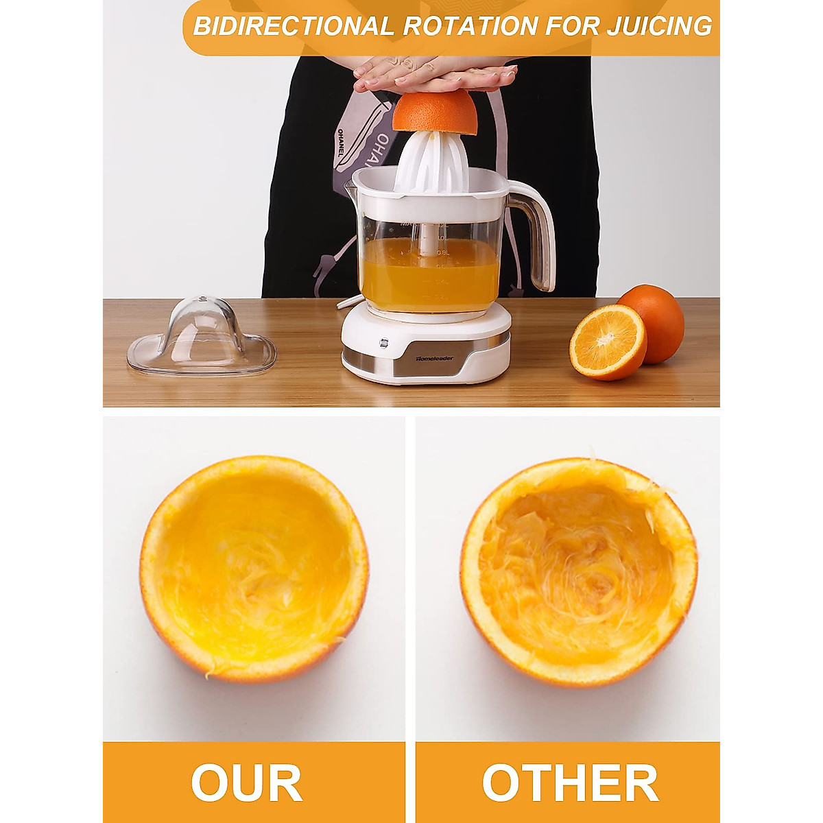 Homeleader Electric Citrus Juicer, Lemon Squeezer with Powerful Motor and LED Working Lamp, Orange Juicer for Grapefruits, Orange and Lemon-White, 1.2L