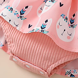 Tsnbre Easter Outfit Baby Girl Romper Fly Sleeve Ribbed Romper with Bunny Print Skirt 0 3 6 12 18 Newborn Clothes (Pink , 12-18 Months )