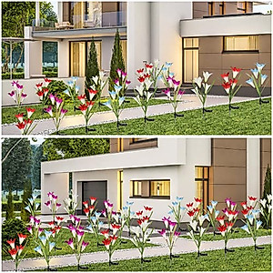Flacchi 4 Pack Solar Lily Flower Lights with 16 Larger Lily Flower, Color Changing Landscape Lighting Outdoor Waterproof Solar Garden Lights Path Lights for Garden Patio Walkway Pathway