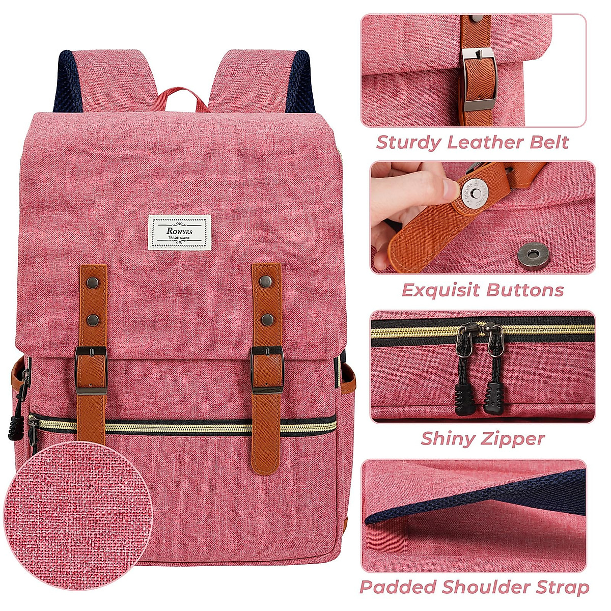 Ronyes Vintage Laptop Backpack for Women Men,15.6 inch Bookbag Casual Daypack with USB Charging Port for College Work, Pink Backpacks