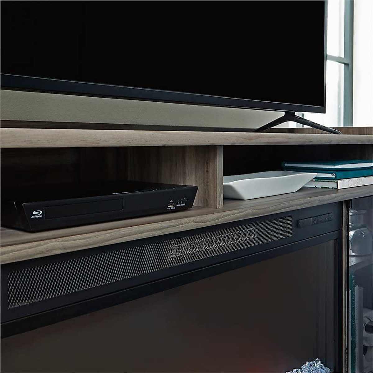 Sauder Harvey Park Fireplace TV Credenza with Glass Doors, Jet Acacia Finish