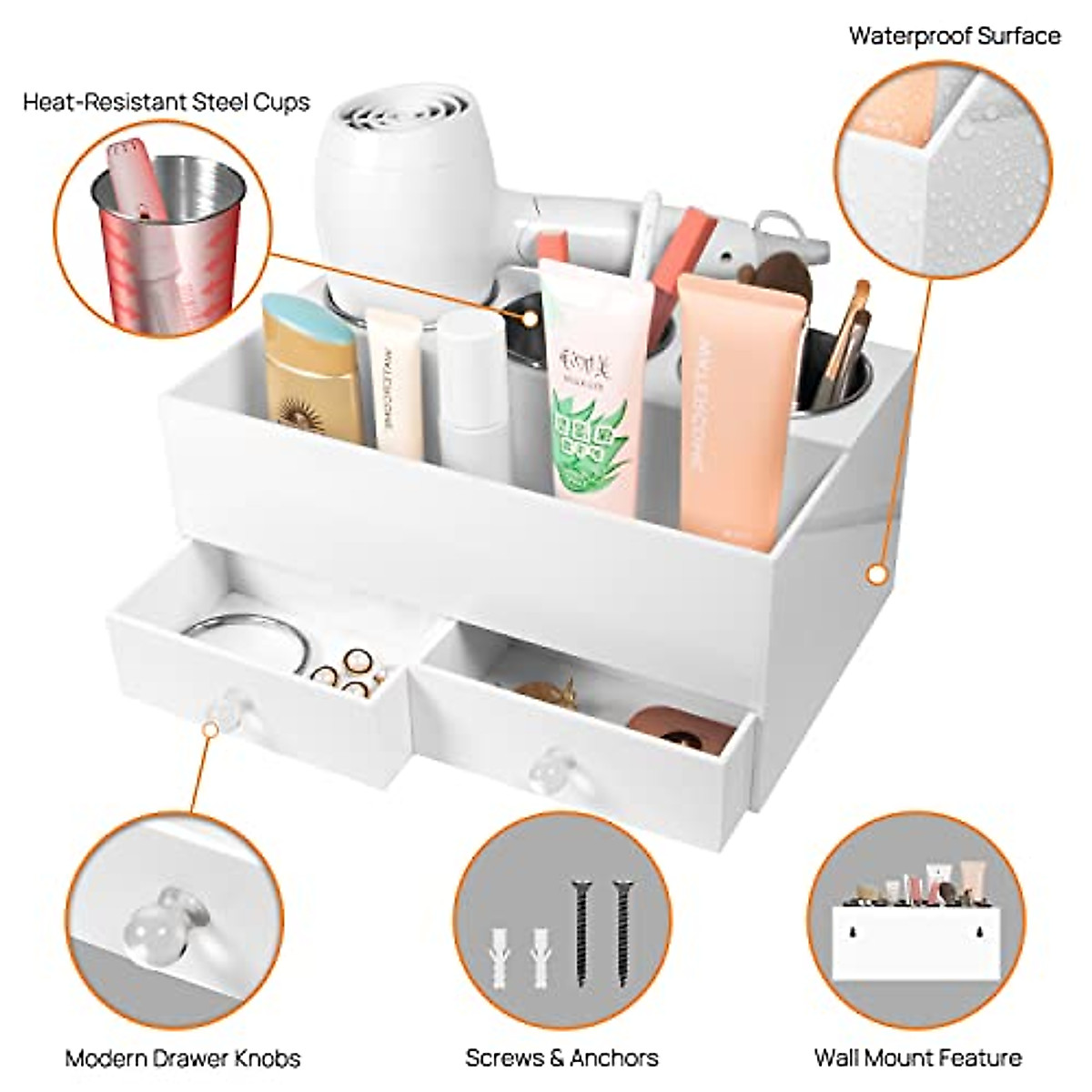 Keep-IT-Sleek Hair Tool Organizer with 2 Drawers & a Silicone Mat, White Acrylic Blow Dryer Holder for Bathroom, Countertop, & Vanity with 3 Heatproof Steel Cups