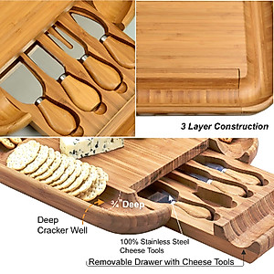 Picnic at Ascot Original Bamboo Cheese/Charcuterie Board with Cracker Groove & Drawer with Cheese Tools - Designed & Quality Checked in the USA