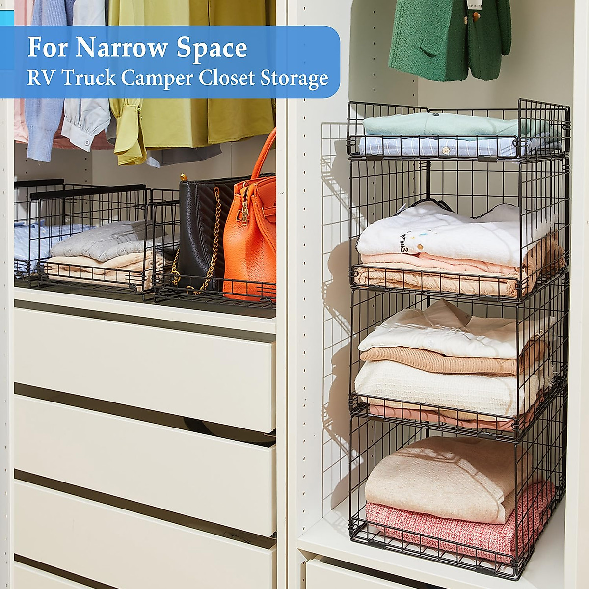 4 Pack Closet Organizers and Storage Shelves for Clothes, 4 Tier Stackable Closet Storage Basket Bin Container for Clothing Sweater Jean, Narrow, Foldable, Sturdy Metal Closet System Organizer Shelf