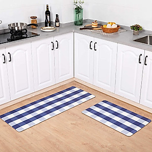 Carvapet Buffalo Plaid Kitchen Mat 2 PCS Cushioned Anti-Fatigue Kitchen Rug Waterproof Non-Slip PVC Ergonomic Comfort Standing Foam Mats for Office Laundry, Blue&White, 17.3''x27.5''+17.3''x47.2''