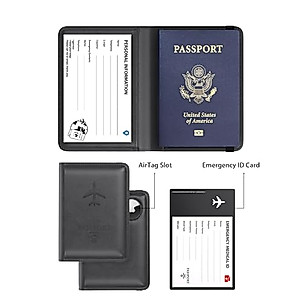 Stouchi AirTag Passport Holder, Passport Holder with Airtag Slot, Passport Wallet Cover for Men, Family Leather Passport Protector Case, Anti-Lost Travel Essentials, Grey