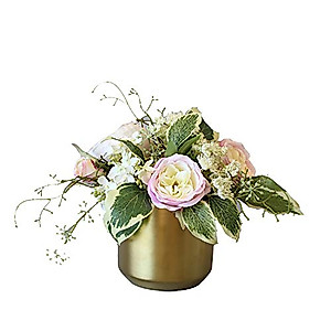 G Home Collection Greenery Leaves with Roses Floral Arrangement in Gold Metal Vase