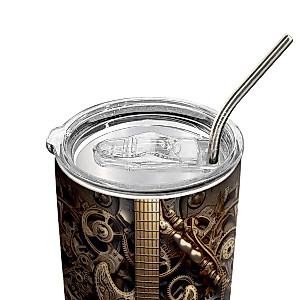 20oz Steampunk Mechanical Metal Rock Electric Guitar Tumbler, Guitarist, Musician Gifts, Coffee Thermos for Men, Stainless Steel Double Wall Vacuum Insulated Coffee Mug, Travel Cup with Lid