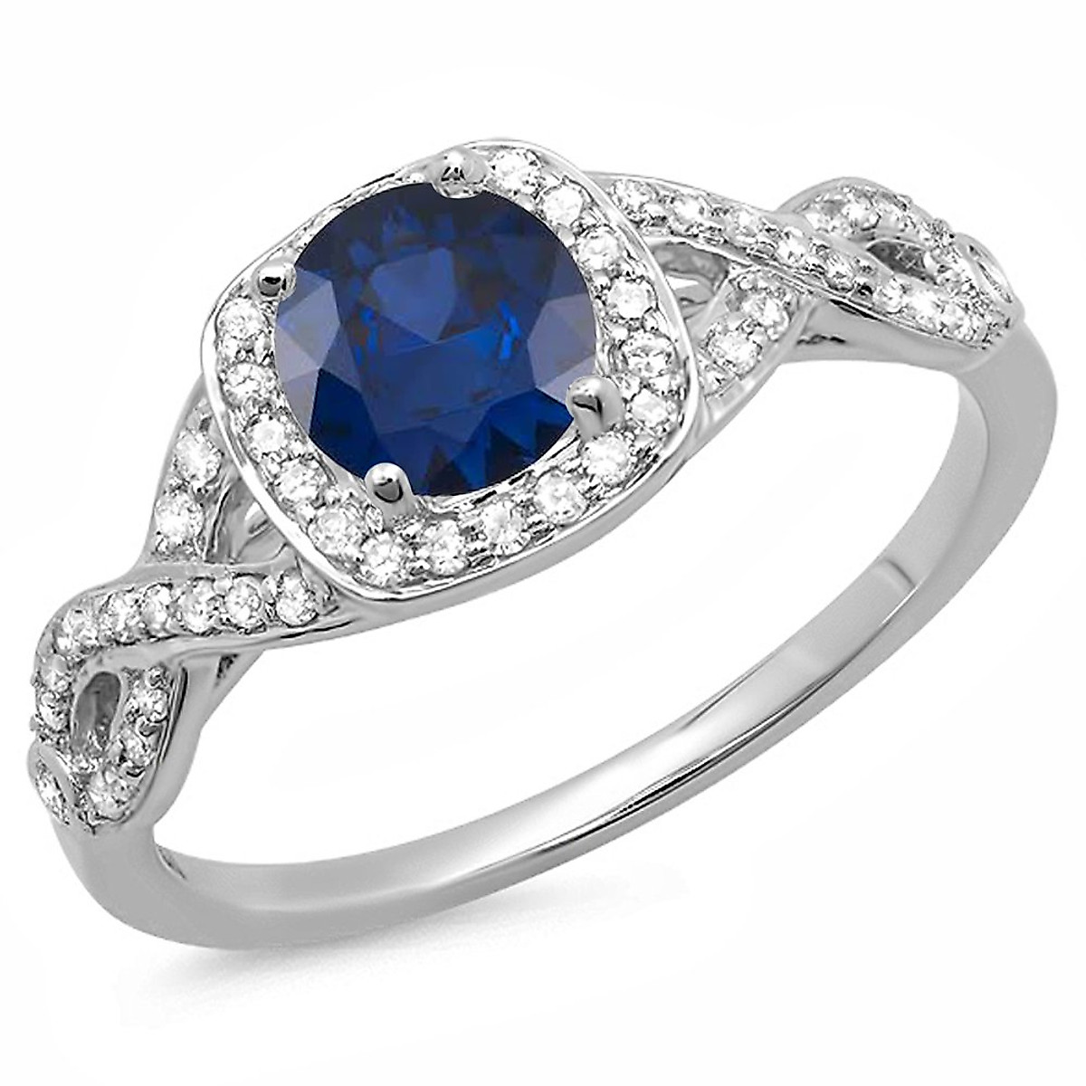 Dazzlingrock Collection 14K Round Blue Sapphire & White Diamond Swirl Split Shank Halo Engagement Ring, White Gold, Size 4.5
